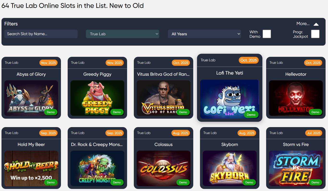 True Lab Slots: 78 Demo Games, Reviews, High-RTP List